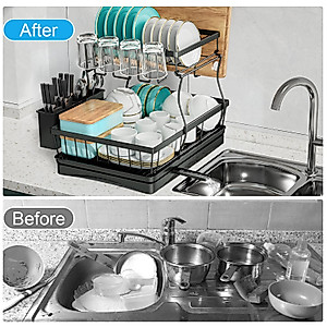 7 code Large Dish Drying Rack,2-Tier Dish Racks for Kitchen Counter,Detachable Large Capacity Dish Drainer Organizer with Utensil Holder, Dish Drying Rack with Drain Board ,Black