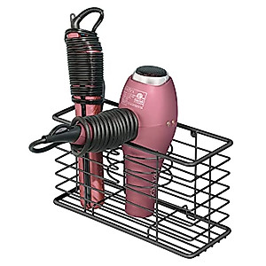 mDesign Steel Wall Mount Hair Dryer Storage Organizer - Hair Styling Tool Basket for Bathroom and Bedroom - Holds Hair Dryer, Flat Iron, Curling Wand, Hair Straightener - Linelle Collection - Black