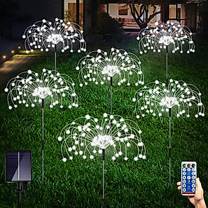 6 Pack Outdoor Solar Garden Lights, Solar Firework Lights,120 LED Waterproof Solar Lamps Decorative, Fireworks Lamp, 8 Modes Landscape Lights with Remote for Pathway Backyard Walkway Patio(Cool White)
