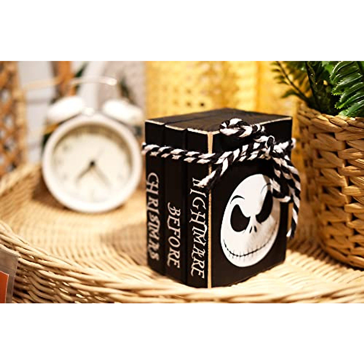 LIVDUCOT Mini Black Halloween Tiered Tray Decor Wood Decorative Book Stack-5x4x3" Rustic Farmhouse Fake Wooden Books for Home Table Decorations Nightmare Before Christmas & This is Halloween Sign