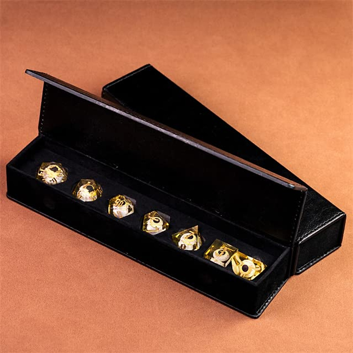 Yellow Beholder Eyeball Sharp DND Dice Set with Leather Dice Box | for Dungeons and Dragons, D&D, Sharp Edge, D20 Polyhedral Resin Dice, Dungeons and Dragons Gifts, Accessories