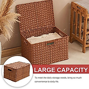 Zerodeko Rattan Storage Basket with Lid Woven Shelf Baskets Imitation Handwoven Wicker Basket Sundries Organizer Boxes Home Decor for Makeup Clothes Home Items