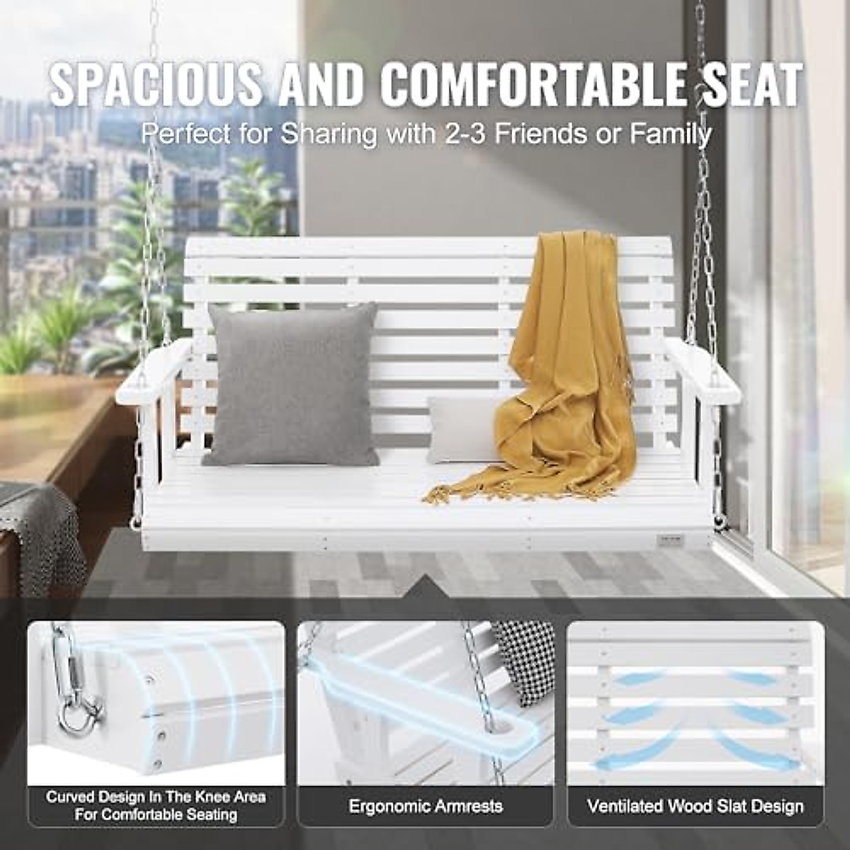 VEVOR Wooden Porch Swing 4.5 ft, Patio Bench Swing for Courtyard & Garden, Upgraded 880 lbs Strong Load Capacity, Heavy Duty Swing Chair Bench with Hanging Chains for Outdoors, White