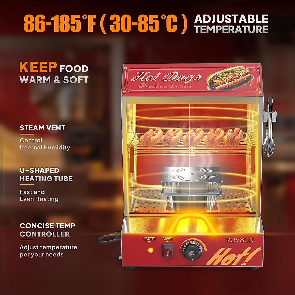 ROVSUN Hot Dog Steamer 175 Hot Dogs & 40 Buns Capacity, 31.7QT/30L Hut Steamer Hot Dog Steamer and Bun Warmer Cooker 2-Tier with Removable Shelves Food Clip for Party Event Concession Stand