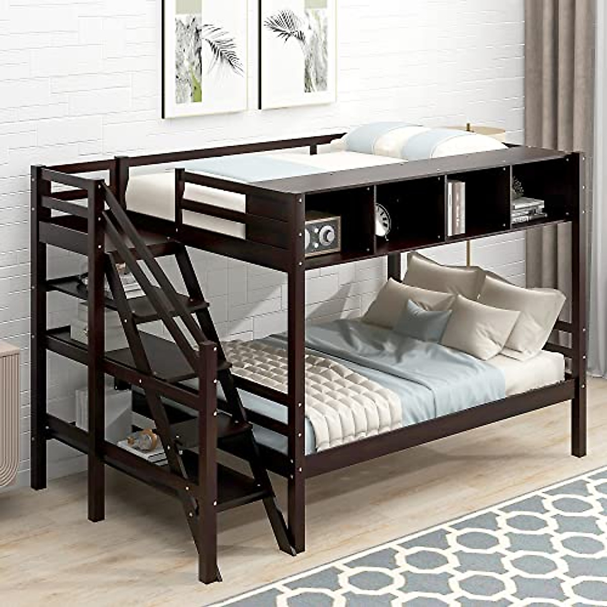 DEYOBED Twin Over Full Wooden Bunk Bed with Storage Staircase and Cabinets for Kids Teens