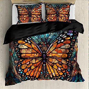 Xarleslyna Queen Size Duvet Cover Sets Monarch Butterfly Quilt Cover Retro Stained Glass Gold Butterfly Duvet Cover Comforter Covers with 2 Pillowcases for Childrens and Adults (88"x88")