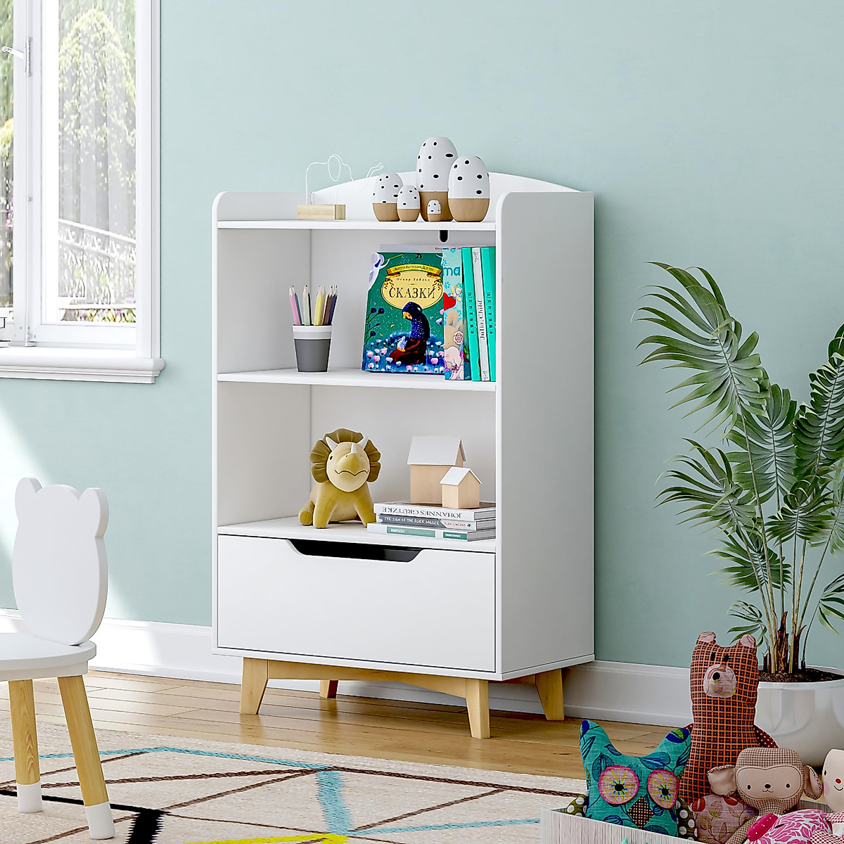 UTEX Kids Bookshelf, Children Bookcases with Storage and Drawer, Wood Kids Toy Storage Organizer for Playroom,Bedroom, Nursery School, White