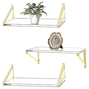 Gold Shelves Crystal-Clear Acrylic Floating Shelves,Gold Floating Shelves,Gold Wall Shelf,Sturdy Thickness 10mm(0.4inch) Acrylic Shelves for Wall Decor,Gold Shelving for Living Room Decor Set of 3.