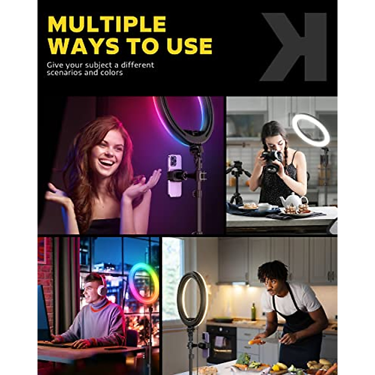 Kaiess 10.2inch Selfie Ring Light with 65inch Adjustable Tripod Stand & Phone Holder for Live Stream/Makeup, Upgraded Dimmable 36 Color Modes LED Ringlight for Tiktok/YouTube/Zoom/Photography