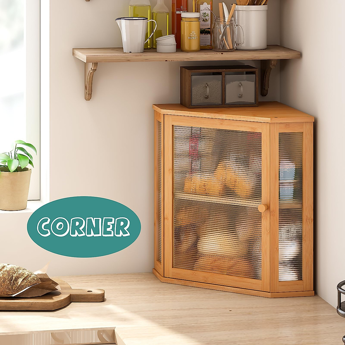 viewcare Extra Large Bread Box, Corner Bread Box for Kitchen Counter, Bamboo Wood Large Capacity Bread Storage Bin with Acrylic Wavy Door Panel