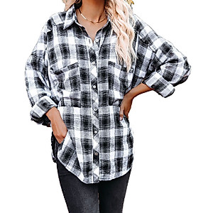 Paintcolors Women's Plaid Button Down Shirts Long Sleeve Blouses Flannel Oversized Tunic Tops with Pockets - Black-White XL