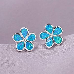 CiNily Flower Stud Earrings,Blue Opal Stud Earrings 14K White Gold Plated Hypoallergenic Flower Earrings Jewelry Gift for mom,Girls,Women