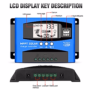 60A MPPT Solar Charge Controller 12v/24v Current Auto Focus MPPT Tracking Charge with LCD Display Dual USB Solar Regulator Charge Controller Multiple Load Control Modes