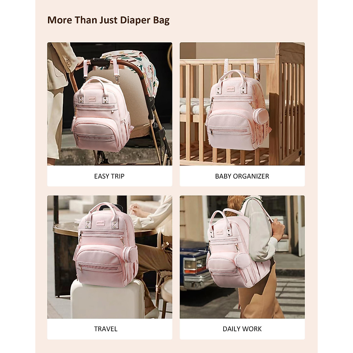 ROSEGIN Premium Vegan Leather Diaper Bag Backpack with Waterproof Changing Pad, Reinforced Zippers & Odor-Free, 20 Pockets Pro Organizer, Fits 15.6" Laptop, Stroller Straps, Baby Bag for Mom, Pink