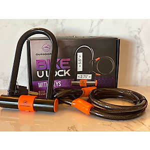 Outdoorzio Bike Lock with Cable - U Bike Lock Heavy Duty Anti Theft - Weather-Resistant, Pick-Resistant - 3 Keys Bicycle Lock with U Lock Mount - Scooter Lock, Ebike Lock - Fits Most Bikes