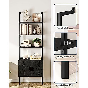 Yusong 73" Tall Bookshelf with Cabinet, Industrial Ladder Wall Mount Shelf Bookcase with Wood and Metal Frame, Plant Shelf Wall Storage Display for Living Room Bedroom, Black Wood Grain