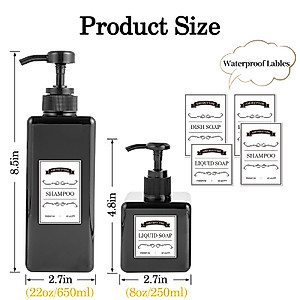 Amorettise 6 Pack Shampoo and Conditioner Dispenser Bottles, 4 Pack 22 Oz & 2 Pack 8 Oz Refillable Square Plastic Pump Bottles for Dispensing Lotions, Shampoo, Conditioner, and Body Wash (Black)