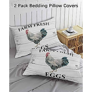 Edwiinsa Farmhouse Rooster Pillow Covers King Standard Set of 2 20x36 Bed Pillow, Farm Animals Rustic Oil Painting Wooden Plush Soft Comfort for Hair/Skin Cooling Pillowcases with Envelop Closure