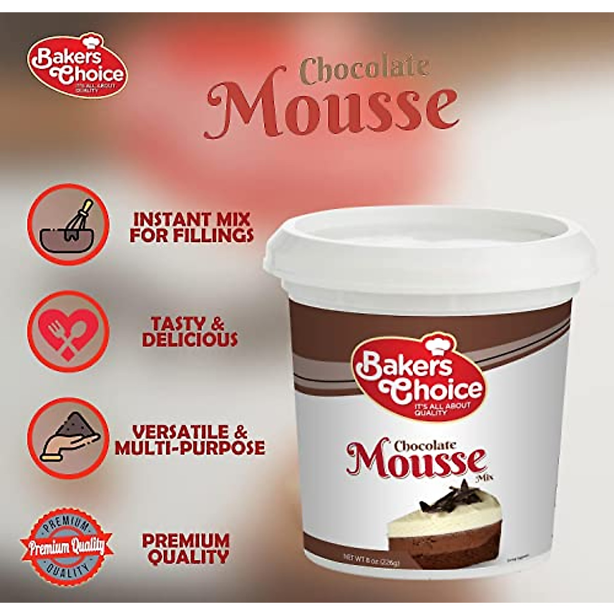 Chocolate Mousse Mix Powder - For Mousse Cups, Chocolate Mousse Cake, Ice Cream, Milkshakes, Desserts, Fruit Shakes and Truffles - Dairy Free, Kosher - 8 oz. - By Baker’s Choice