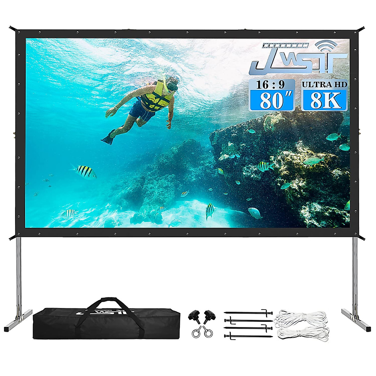 Projector Screen and Stand,JWSIT 80 inch Outdoor Movie Screen-Upgraded 3 Layers PVC 16:9 Outdoor Projector Screen,Portable Video Projection Screen with Carrying Bag for Home Theater Backyard