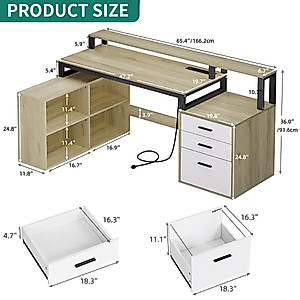 YITAHOME L Shaped Desk with Power Outlets, 65" Computer Desk with 3 Drawers & 4 Storage Shelves, Corner Office Desk with LED Lights & Printer Stand, Oak & White