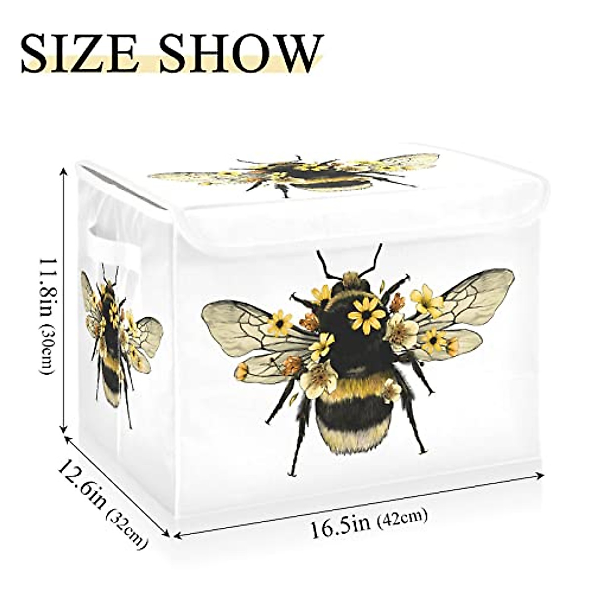 DOMIKING Bee Large Storage Bin with Lid Collapsible Shelf Baskets Box with Handles Organizing Container for Nursery Drawer Shelves Cabinet