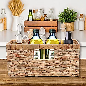 OUTBROS Water Hyacinth Storage Baskets, Hand-Woven Baskets Storage Box with Handles, Nesting Wicker Basket Sets, Waterproof Woven Storage Bins for Shelves, Rectangle, 3-Pack