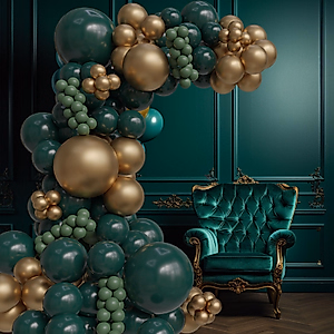 143Pc Emerald Green and Gold balloon Garland Dark Green Metalic Gold Balloons Arch Set Forest Green Decorations for Baby Showers, Birthdays, Weddings, Christma Holiday Hunting Themed Events