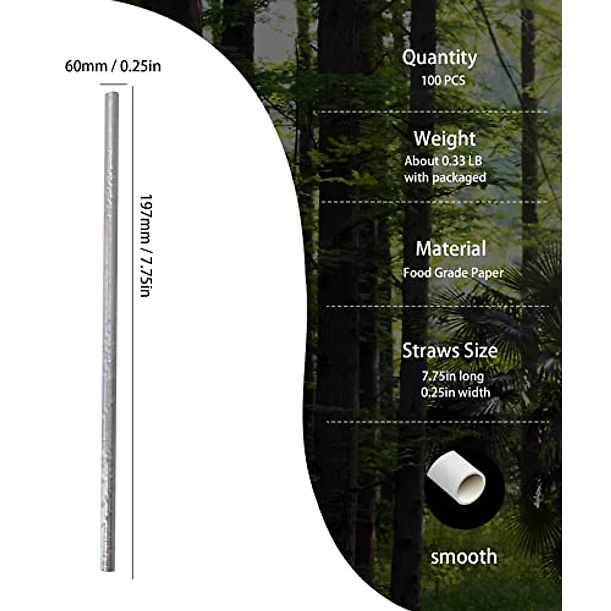 Shining Silver Paper Straws For Drinking, Silver Straws, Sliver Solid Paper Drinking Straws for Drinking Juice, 100 Metal Straws Silver