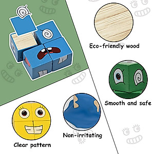 Wooden Expression Puzzle Building Cubes Game Face Changeing Magic Cube Building Blocks with Bell Parent-Child Board Games for 3+ Years Kids Educational Montessori Toys Gifts