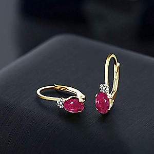 Gem Stone King 14K Yellow Gold Red Ruby and White Diamond Leverback Earrings For Women | 1.27 Cttw | Gemstone July Birthstone | Oval 6X4MM, Round 2MM | 3/4 Inch