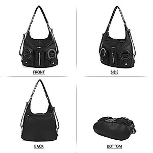 Soft Washed Leather Hobo Women Handbags Roomy Multiple Pockets Street ladies' Shoulder Bag Fashion Satchel Bag (W6802-2P#1668#1-BLACK/BLACK)