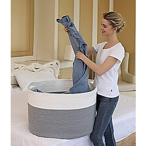 24" x 24" x 17" Max Size Large Cotton Rope Basket, Extra Large Storage Basket, Woven Laundry Hamper, Toy Storage Bin, for Blankets Clothes Toys Towels Pillows in Living Room, Baby Nursery, Grey