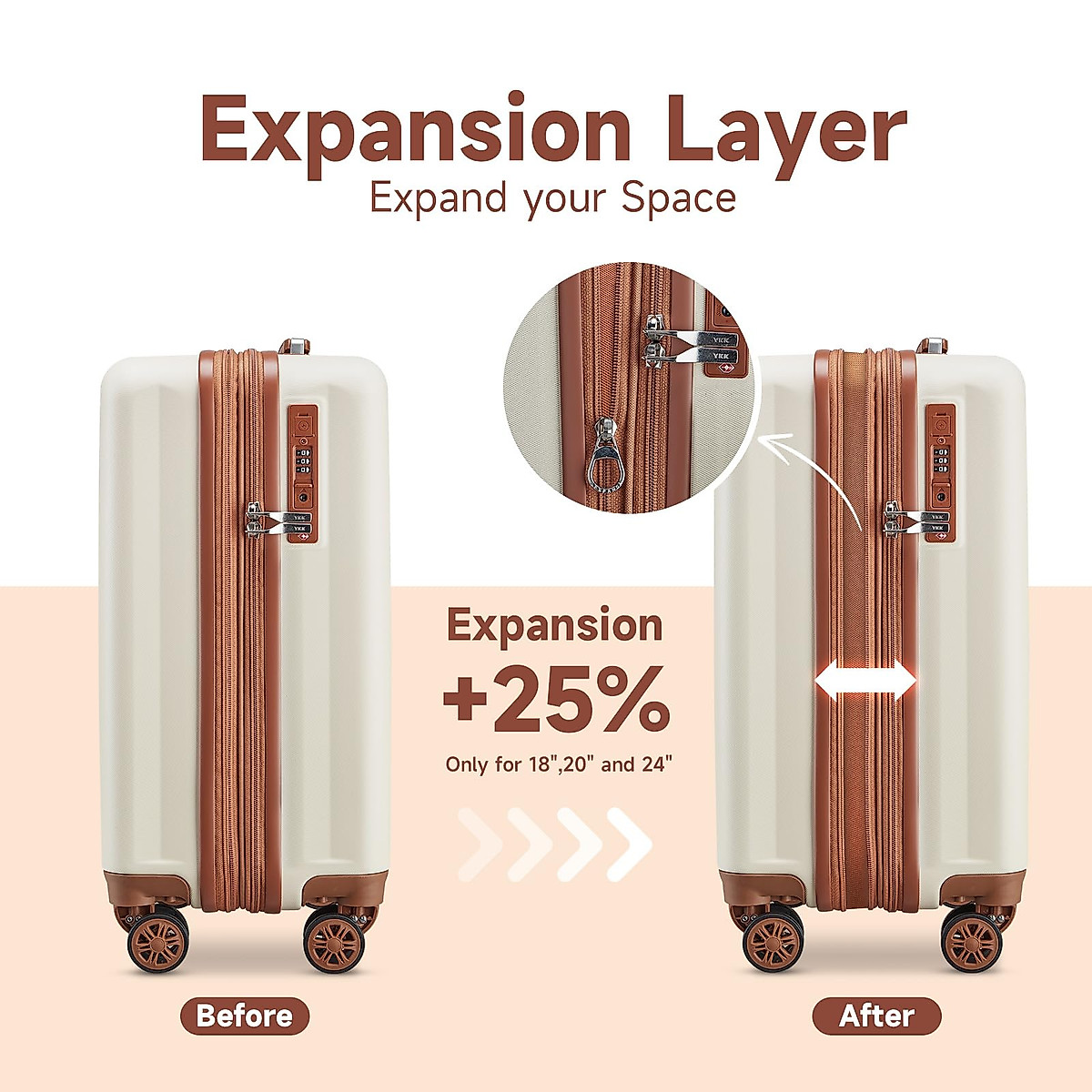 imiomo Carry on Luggage 18 Inch Suitcases with Wheels, Expandable Carry on Suitcase with USB Port and Cup Holder, Hardside Travel Luggage Set with TSA Lock, White Brown