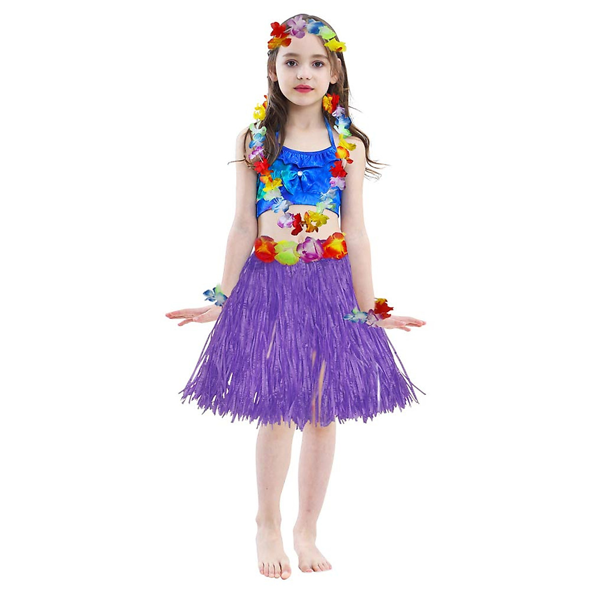 Fortuning's JDS Girl's elastic Hawaiian hula dancer grass skirt with flower costume set -purple Birthday Tropical Party Decorations