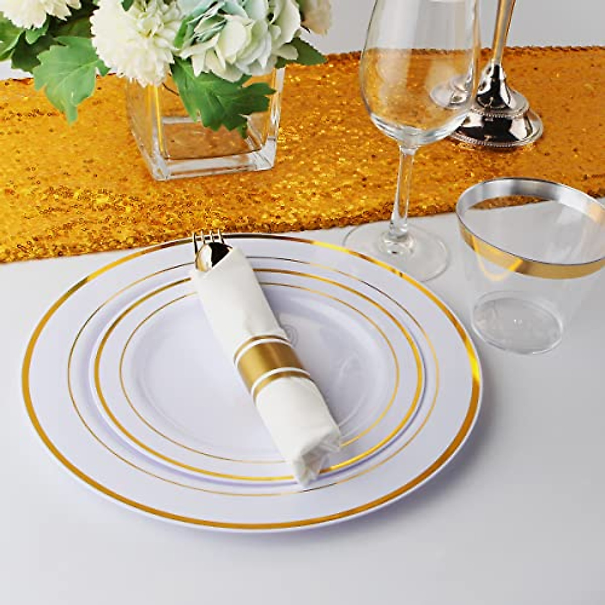 WELLIFE 350 Pieces Gold Plastic Plates with Disposable Silverware and Cups, Include: 50 Dinner Plates 10.25”, 50 Dessert Plates 7.5”, 50 Gold Rim Cups 9 OZ, 50 Gold Cutlery