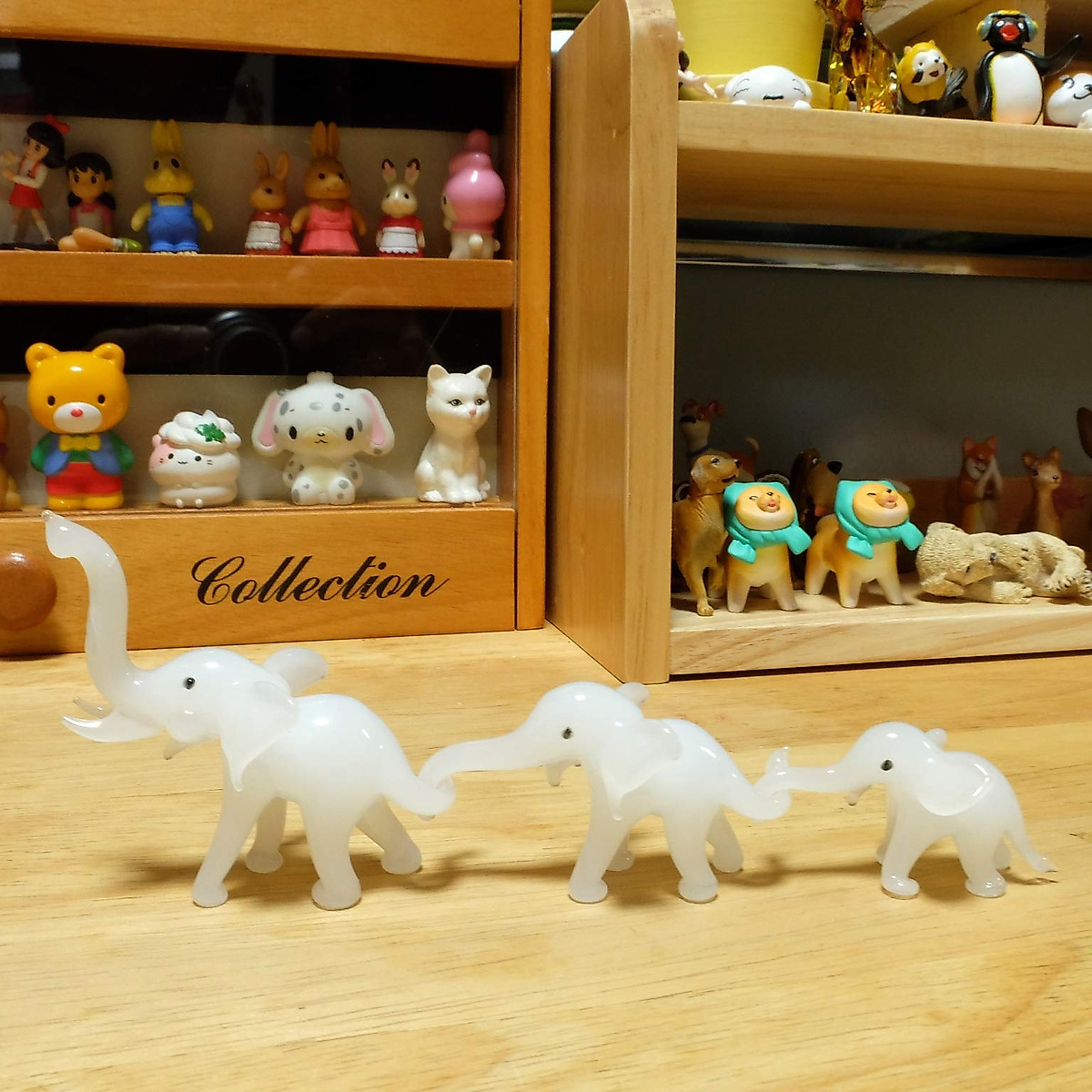 Handmade Set 3 Mini White Glass Elephant Blown Glass Art Wild Animal Collectible Figurines Figures Cool Stuff Ornament Miniature Gift Ideas for Anniversary Birthday Wedding Home Room Garden Decor No.2