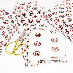 30th Birthday Wrapping Paper - 6 Sheets of Gift Wrap - Funny Wrapping Paper Sheets for Age 30 - Stop Sign - For Men and Women - Adulting - Comes With Fun Stickers - By Central