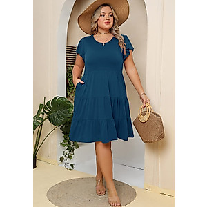 Younrui Women's Plus Size Solid Ruffle Beach Dress Flowy Tiered Aline Babydoll Casual Summer Boho Dress with Pockets (2XL-1005-Deep Blue)