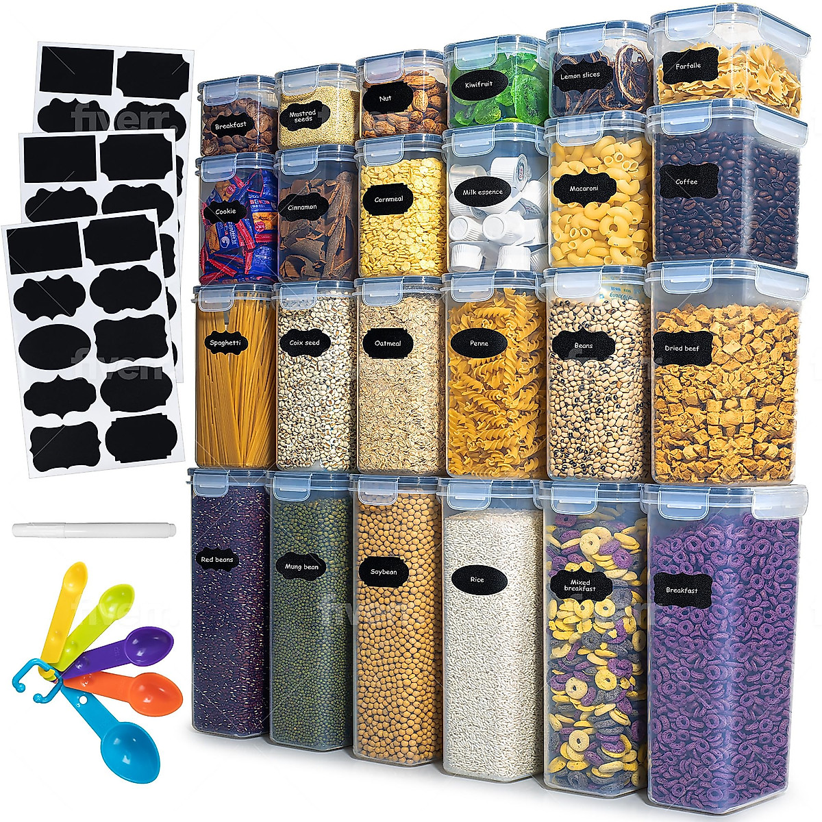 Eshaqzai Stackable Food Storage Containers for Pantry, 24 PCS Air Tight Food Storage Containers with Lids for Cereal,Pasta,Sugar,Flour,Pet & Clear Plastic Containers for Pantry Organization
