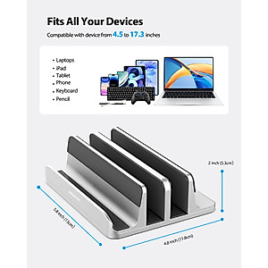 AboveTEK Vertical Laptop Stand 3 Slots for Computer, Tablet, Phone - Fits All Laptop Models (up to 17.3") - Heavy Duty Polished Aluminum Desktop Holder - Anti Slide Silicone Grips - Silver