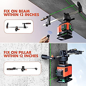 DOVOH Laser Level Easy Setup without Magnet: 3x360 Self Leveling High Accuracy Green 3D Laser Level 12 Lines with Bar Clamp for Beam for Construction Tiling with Remote Control, KF3-FC01