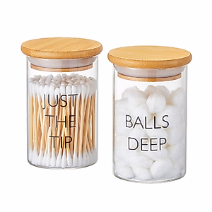 INIUNIK Glass Qtip Holder Dispenser, 2 Pack Glass Apothecary Jars with Lids, Sealed Q Tip Holder Cotton Ball Round Pad Swab Holder Funny Bathroom Canisters Jars for Vanity Restroom Décor and Storage