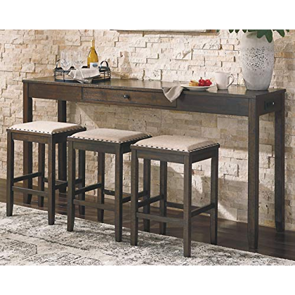 Signature Design by Ashley Rokane Urban Farmhouse Counter Height Dining Room Table Set with 3 Bar Stools, Brown