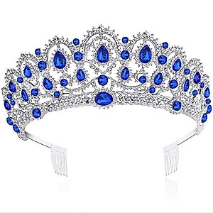 BABEYOND Crystal Queen Crown Birthday Tiara Prom Pageant Quinceanera Crown Tiara Rhinestone Wedding Princess Tiara Headband with Comb Pin (Blue)