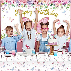 Pink and Purple Butterfly Party Decorations Include Pink Purple Balloon Arch Kit Butterfly Happy Birthday Photography Backdrop Banner Tablecloth for Girls Women Birthday Party Supplies Decor