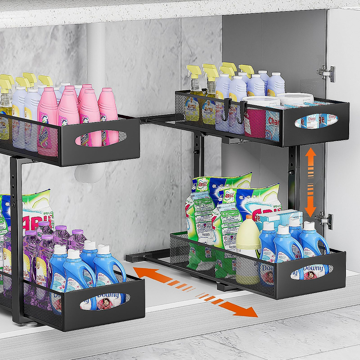 Housolution 2 Pack Under Sink Organizer, 2 Tier Metal Pull Out Under Sink Storage with Sliding Mesh Drawers, Height Adjustable Slide Out Under Sink Organizer for Kitchen Bathroom Cabinet, Black