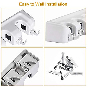 Champs Plastic Mop Broom Holder, Wall Mounted Commercial Organizer Storage Rack for Garden Tools, Kitchen, Garage and Laundry [5 Slots with 6 Hooks] White Grey