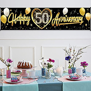 Happy 50th Wedding Anniversary Banner Decorations, Black Gold 50th Anniversary Sign Party Supplies, 50th Wedding Anniversary Decor Photo Booth for Outdoor Indoor