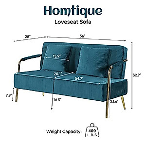 Homtique Loveseat Sofa Couch, Mid-Century Modern Velvet Love Seat Pleated Upholstered with 2 Pillows and Metal Legs, 56" Small Couches for Small Spaces Living Room, Bedroom (Teal)